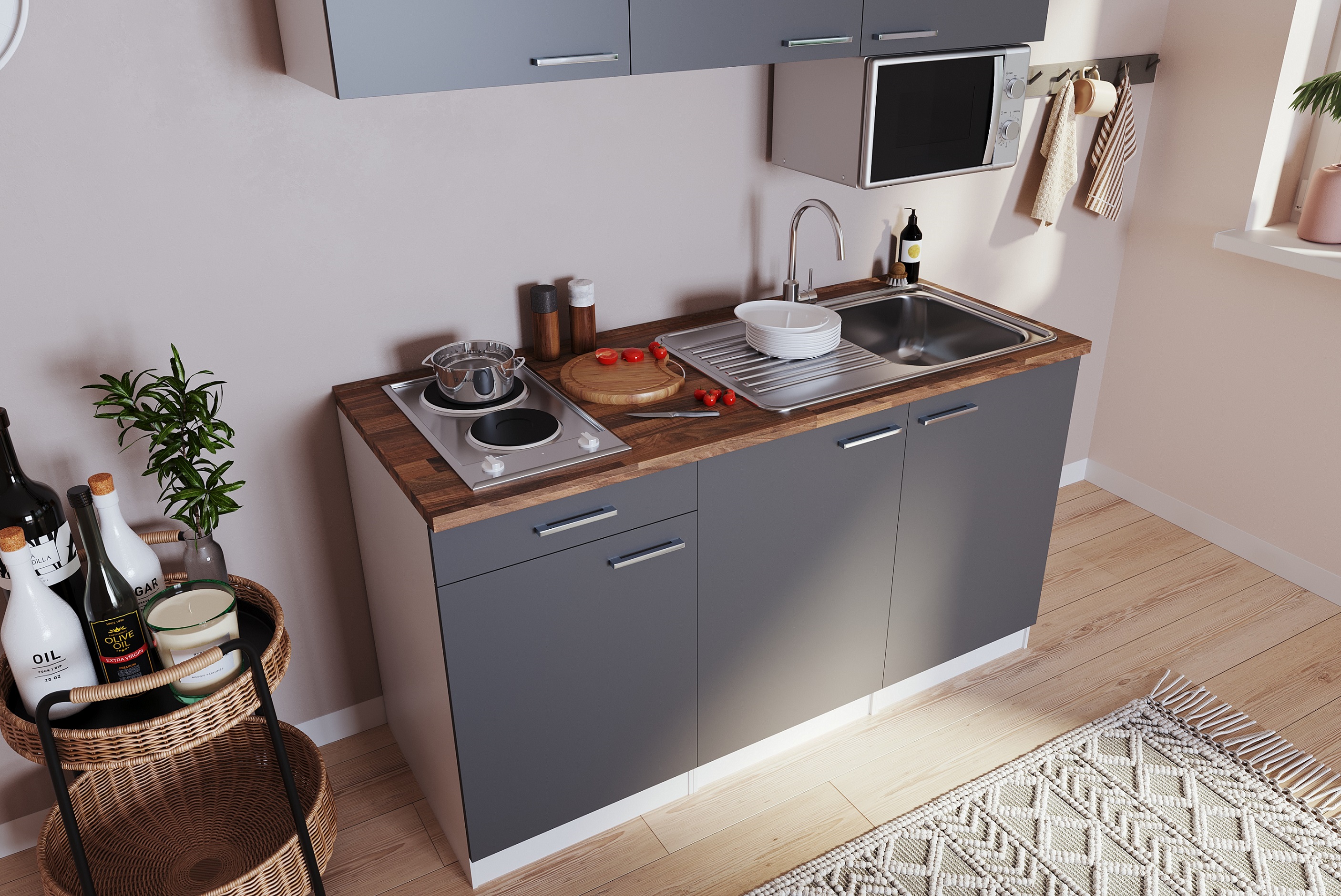 Respecta mini cuisine Luis 150 cm blanc gris sans frigo cuisine simple ...